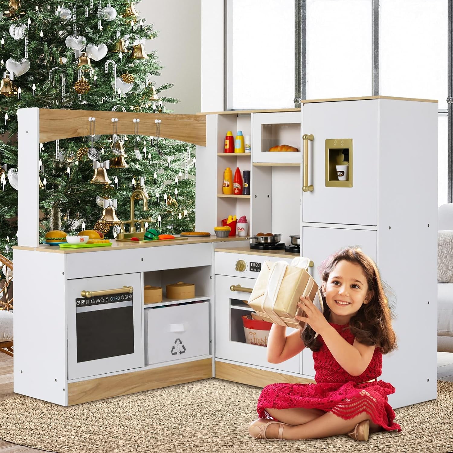 LAZY BUDDY Corner Wooden Play Kitchen w/ Lights & Sounds, Large Toodler ...