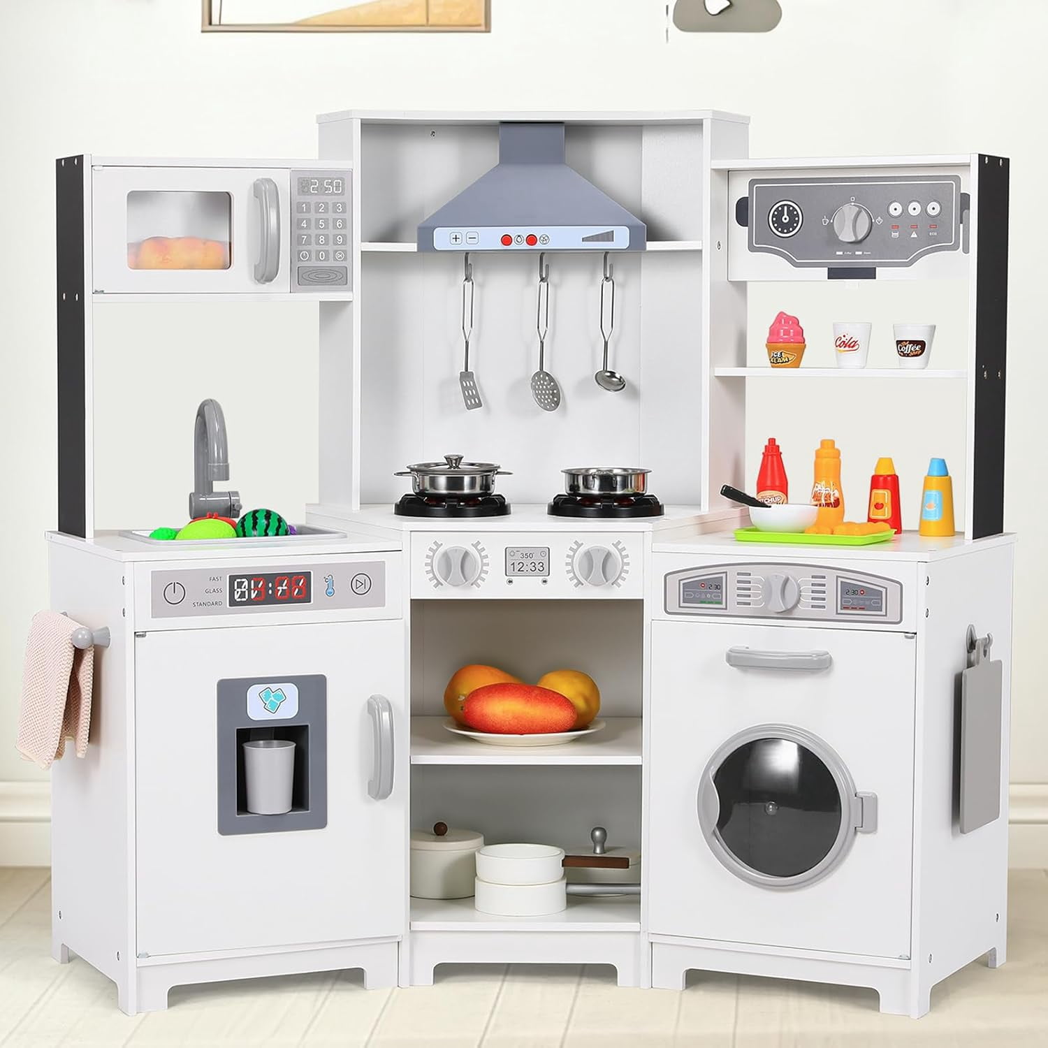 LAZY BUDDY Wooden Corner Play Kitchen for Kids with Light & Sound ...