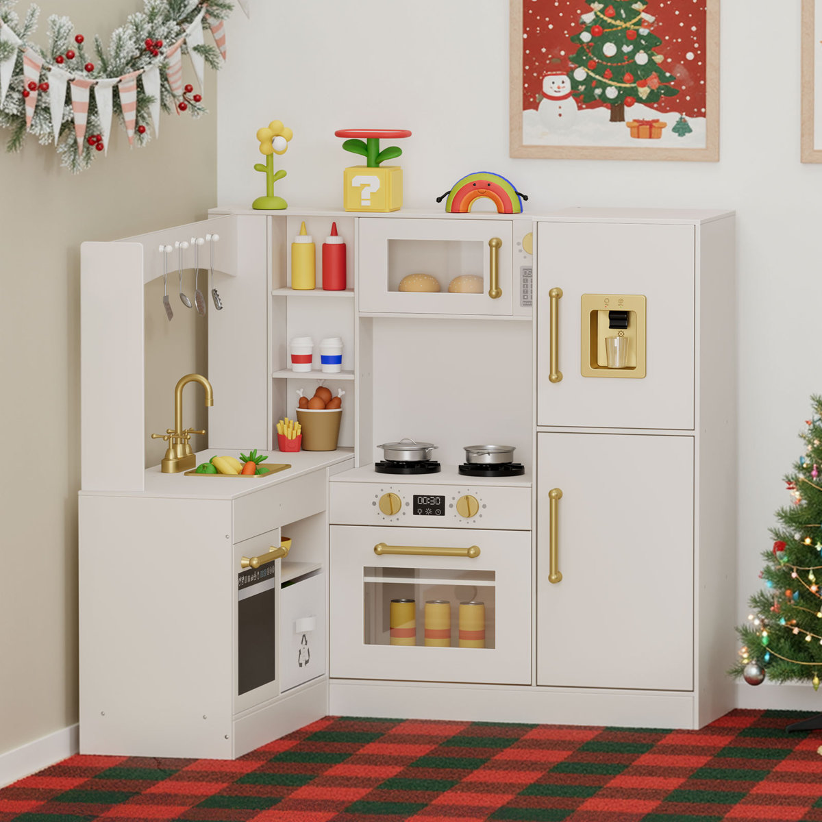 LAZY BUDDY Corner Play Kitchen for Kids, Ultimate Interactive Wooden ...