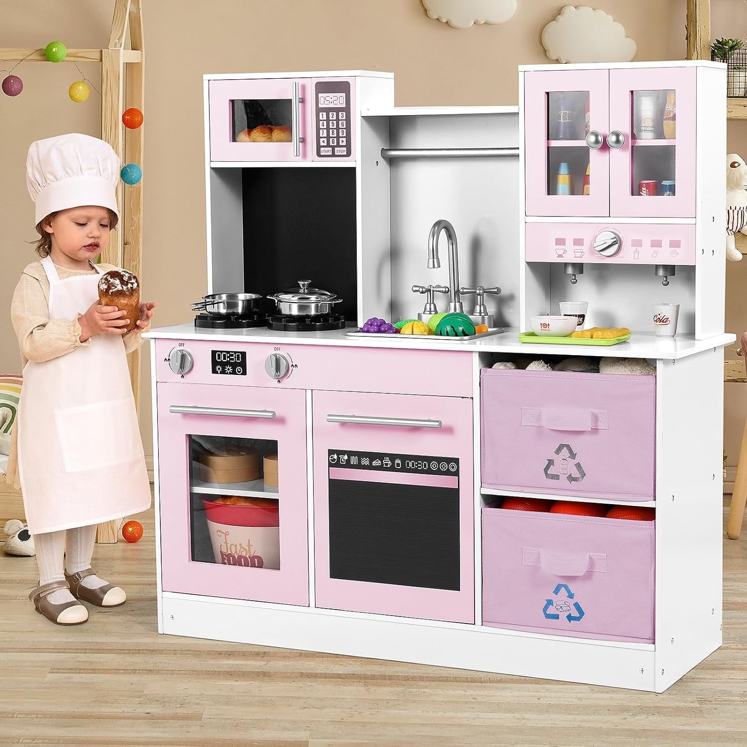 LAZY BUDDY Kids Pretend Play Kitchen Set, Wooden Toddler Kitchen ...