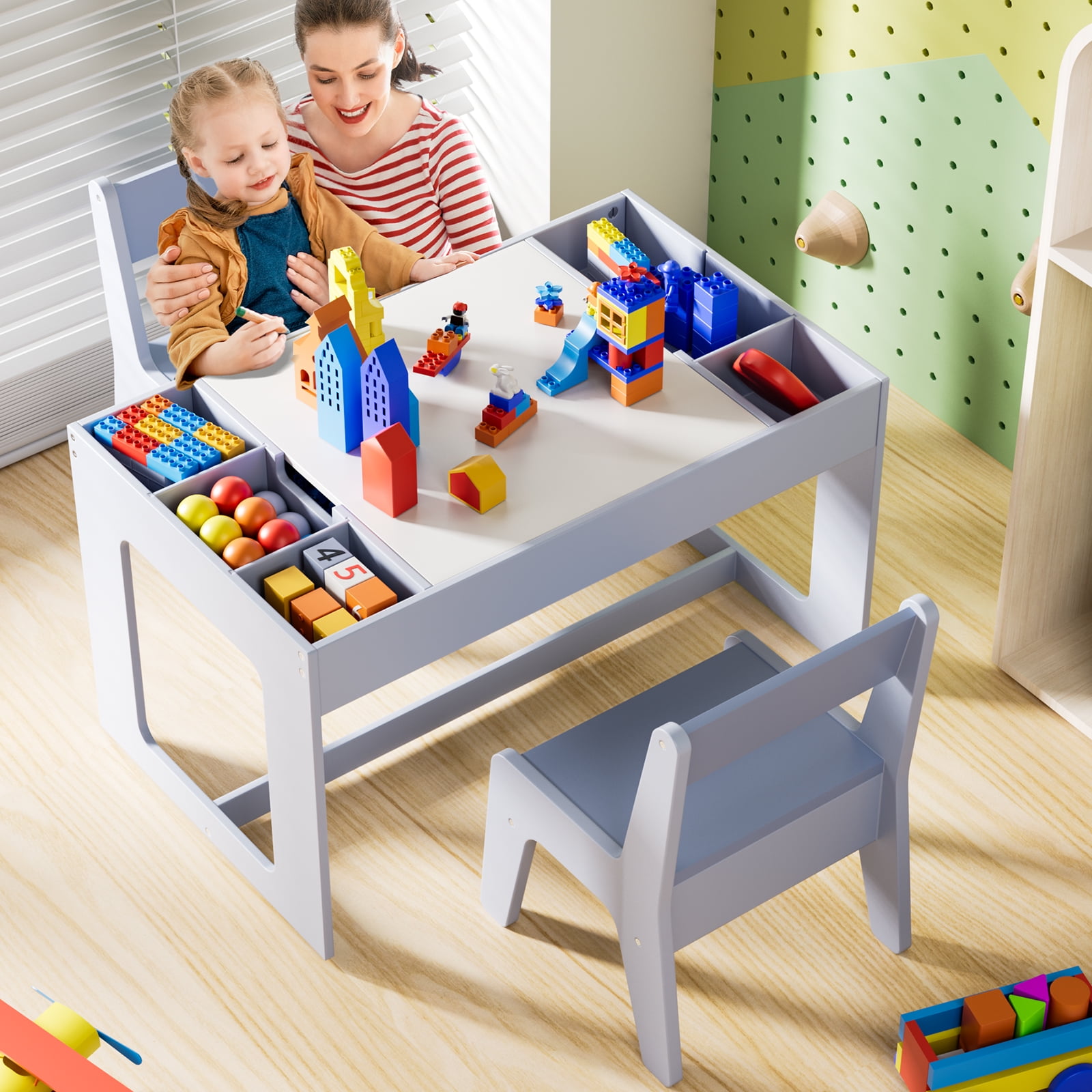 LAZY BUDDY Kids Table & Chair Set, 3 in 1 Children Wood Activity Table W/ Storage Detachable ...