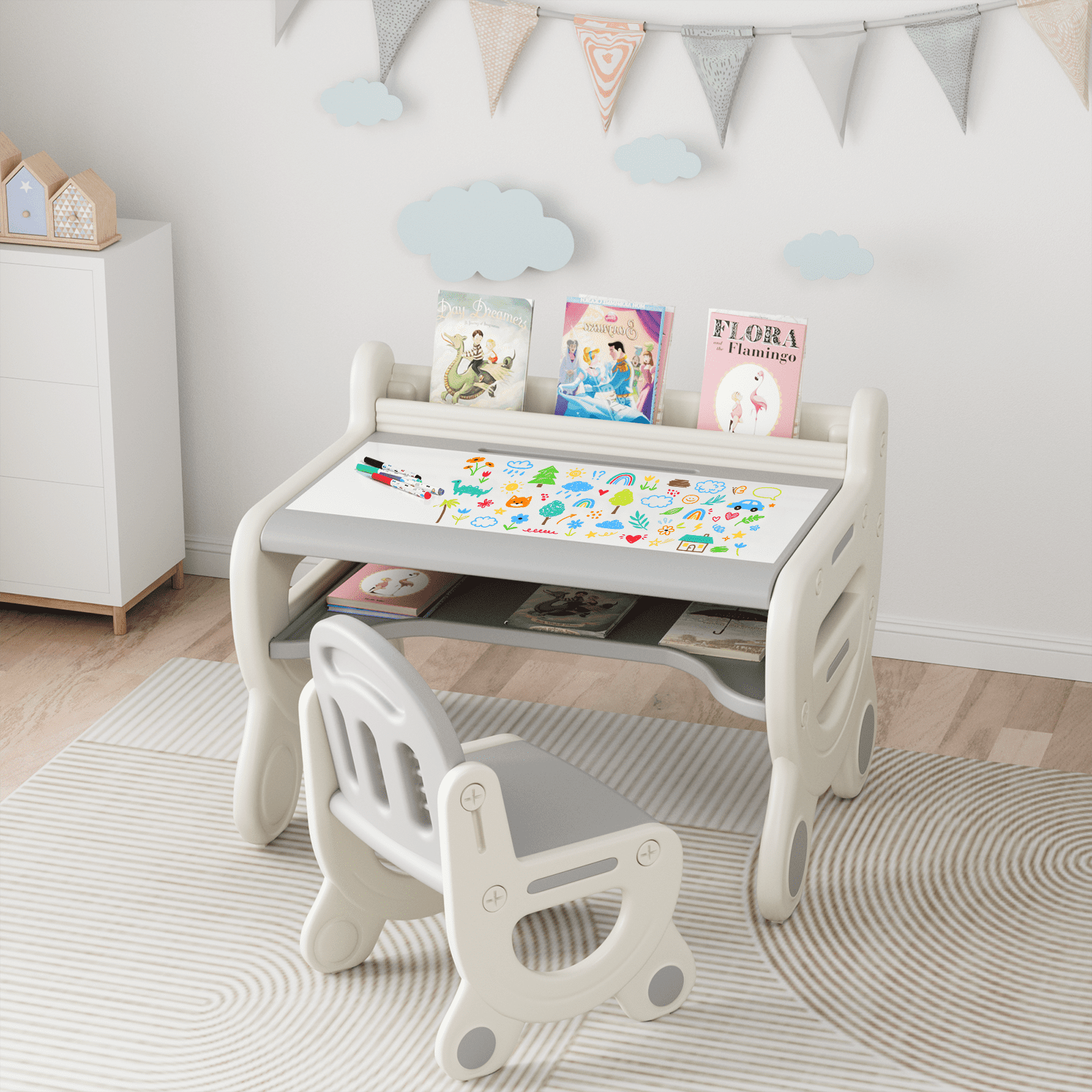 LAZY BUDDY Kids Table and Chair Set, Plastic Activity Table w/Erasable ...