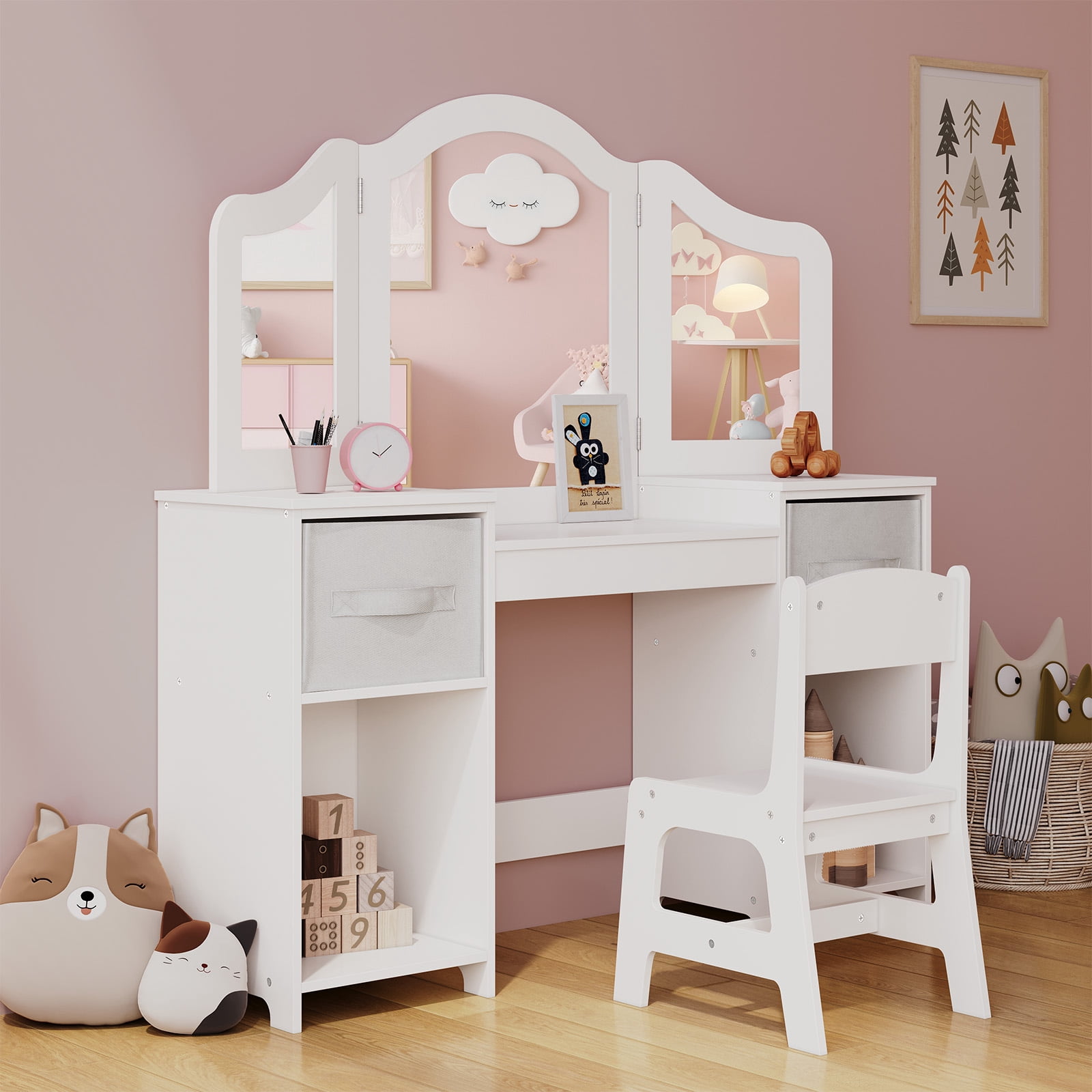 LAZY BUDDY Kids Vanity, 2 in 1 Princess Makeup Desk and Chair Set with ...