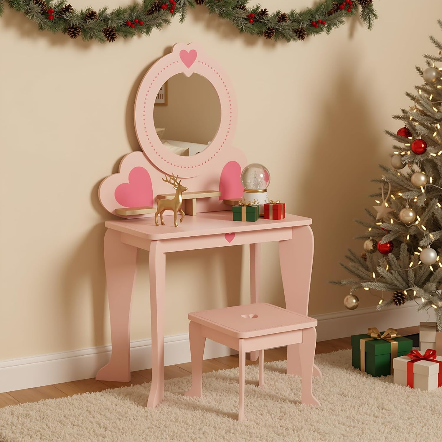 LAZY BUDDY Kids Vanity Set with Stool & Mirror, Toddler Pretend Makeup ...
