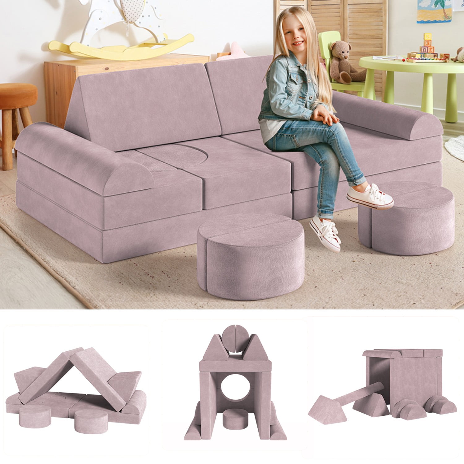 LAZY BUDDY Modular Couch 14PCS Kids Play Sectional Sofa, DIY Creativing Playroom Furniture ...