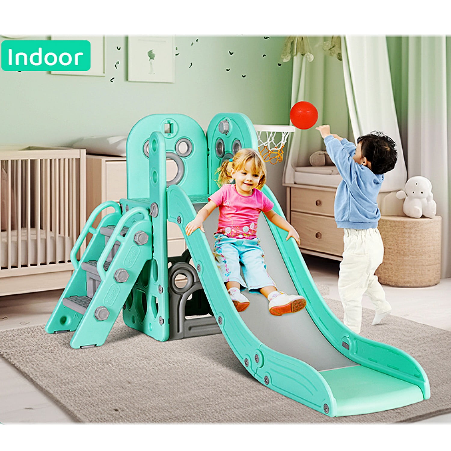 LAZY BUDDY 4 in 1 Kids Slide & Climber Playset with Basketball Hoop ...