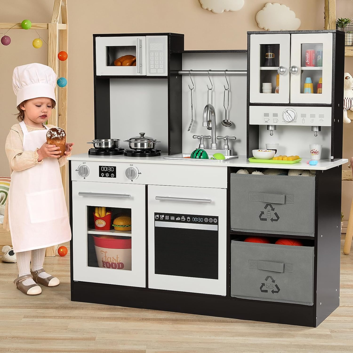 LAZY BUDDY Wooden Pretend Play Kitchen, Kids Kitchen Playset with Steel ...