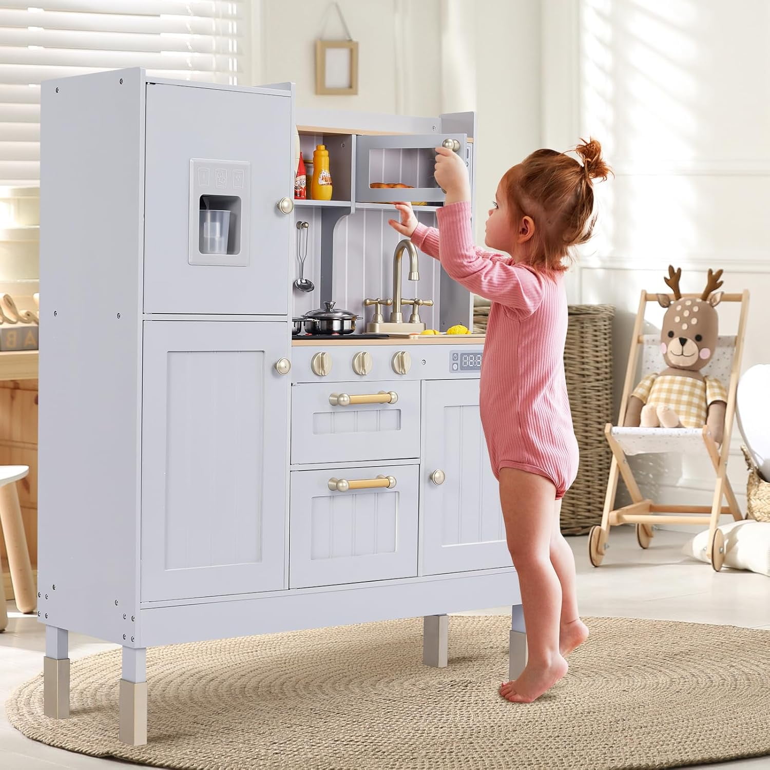 LAZY BUDDY Pretend Play Kitchen, Wooden Kids Kitchen Playset with Ice ...