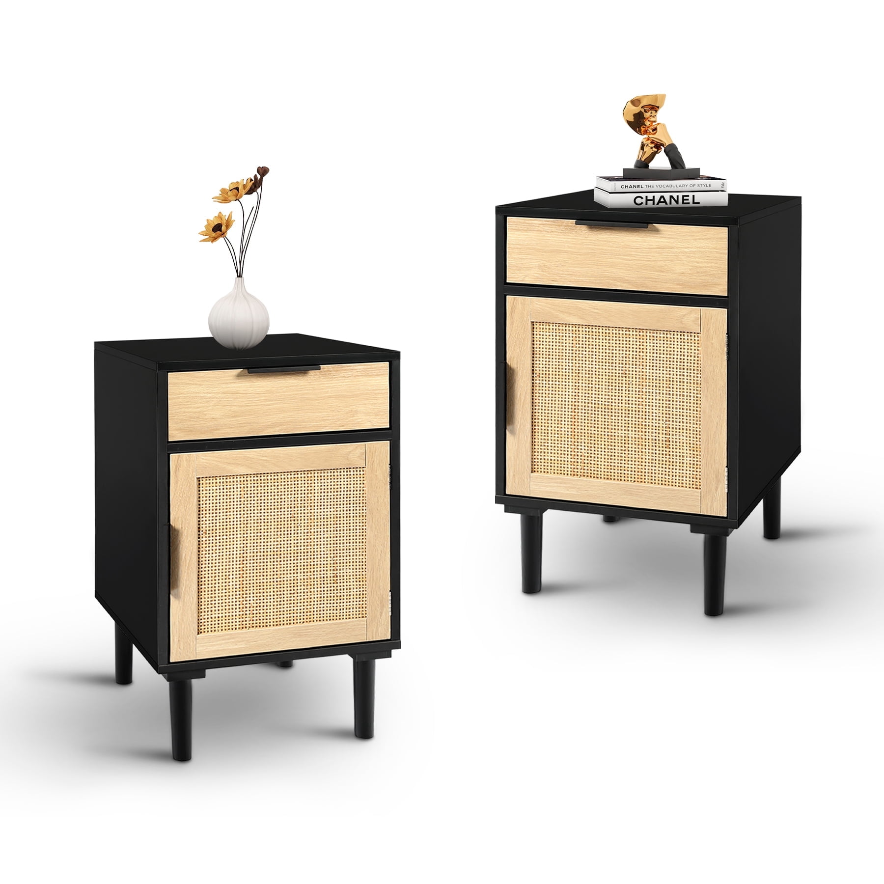 LAZZO Tall Nightstand Set of 2 with Storage, Wooden Rattan Door ...