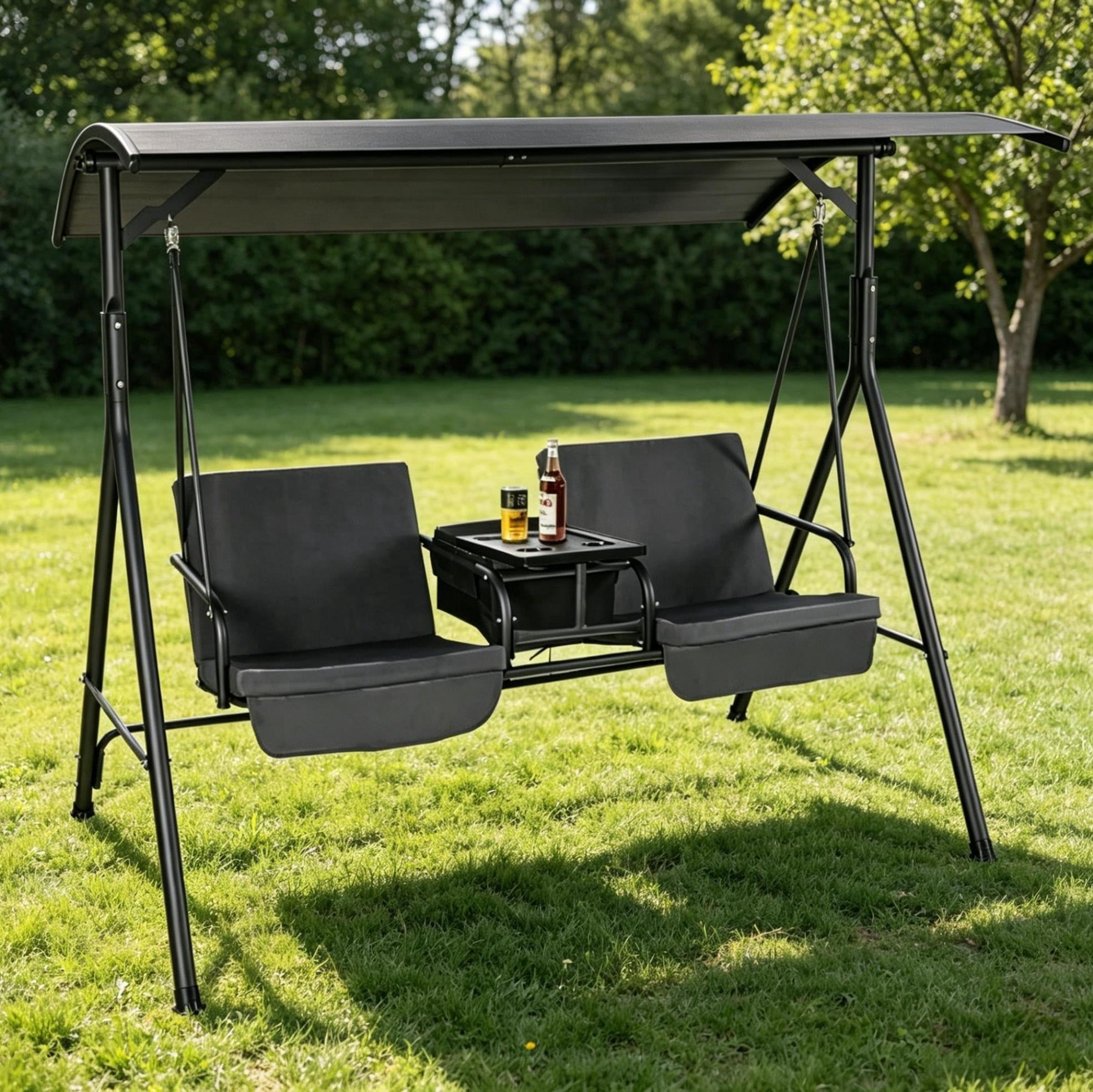 LAZZO 2-Seat Outdoor Patio Swing Chair, Canopy Porch Swing with Cooler ...