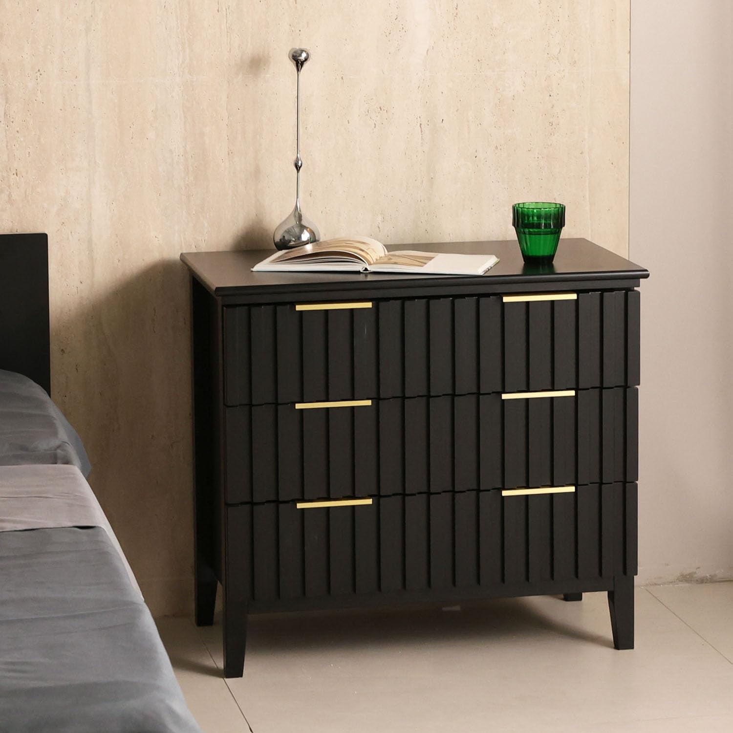 LAZZO 3 Drawer Dresser, Wood Dresser Tall with Fluted Drawer Fronts ...