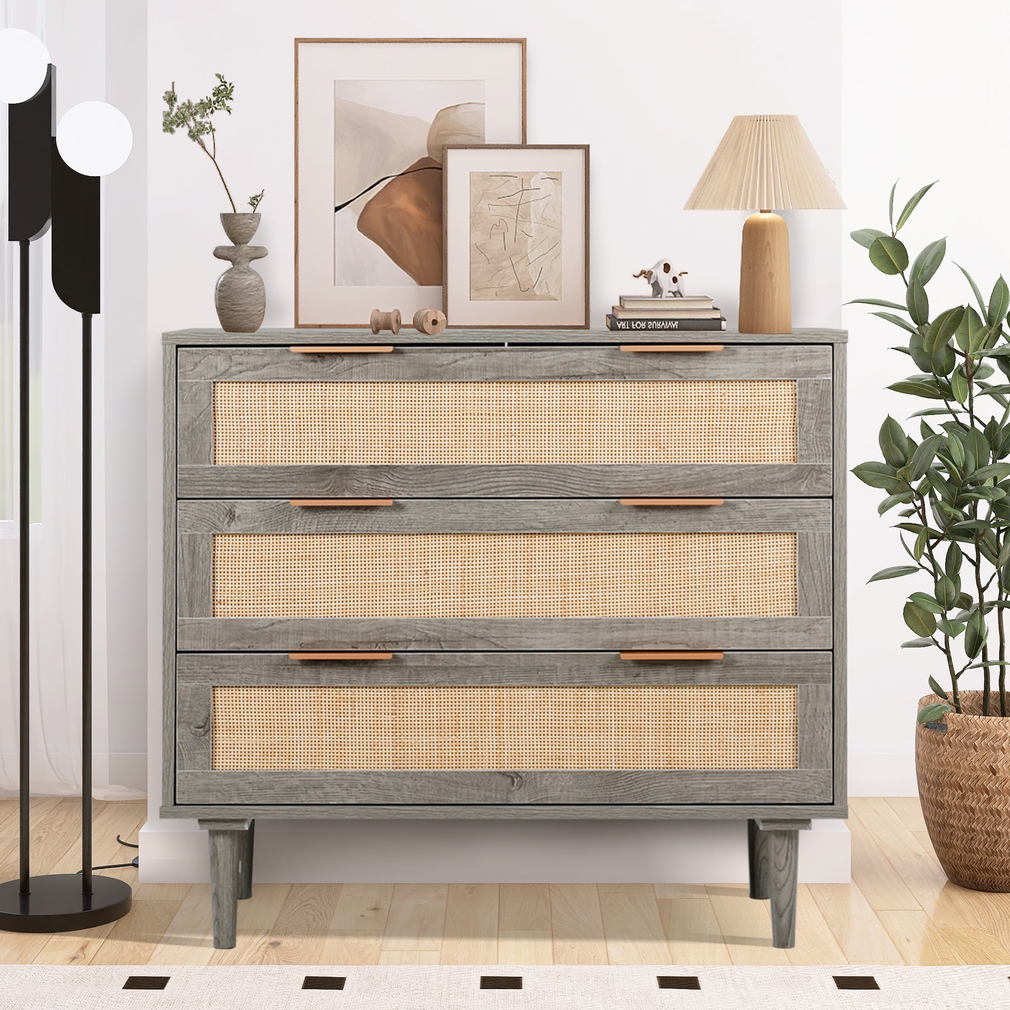 LAZZO Natural Wood 3 Drawer Dresser, Rattan Design, Gray for Bedroom ...