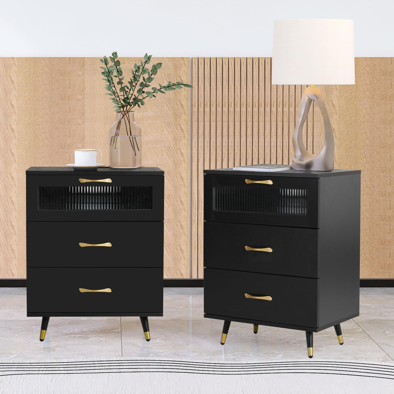 LAZZO Modern Nightstand Pair, 3 Drawer Bedroom Night Stands with USB ...