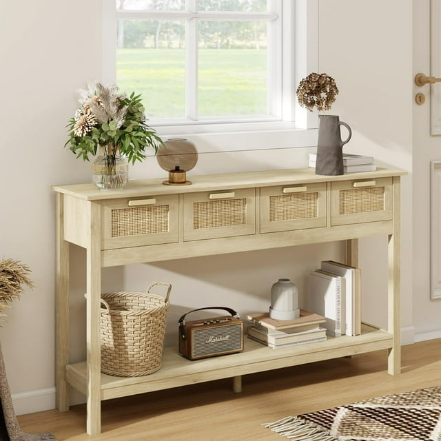 LAZZO 55" Rattan Console Table with 4 Drawers and Open Storage Shelf ...