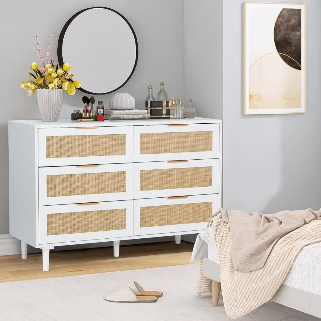LAZZO 6 Drawer Dresser Rattan Dresser Modern Chest with Drawers, White ...