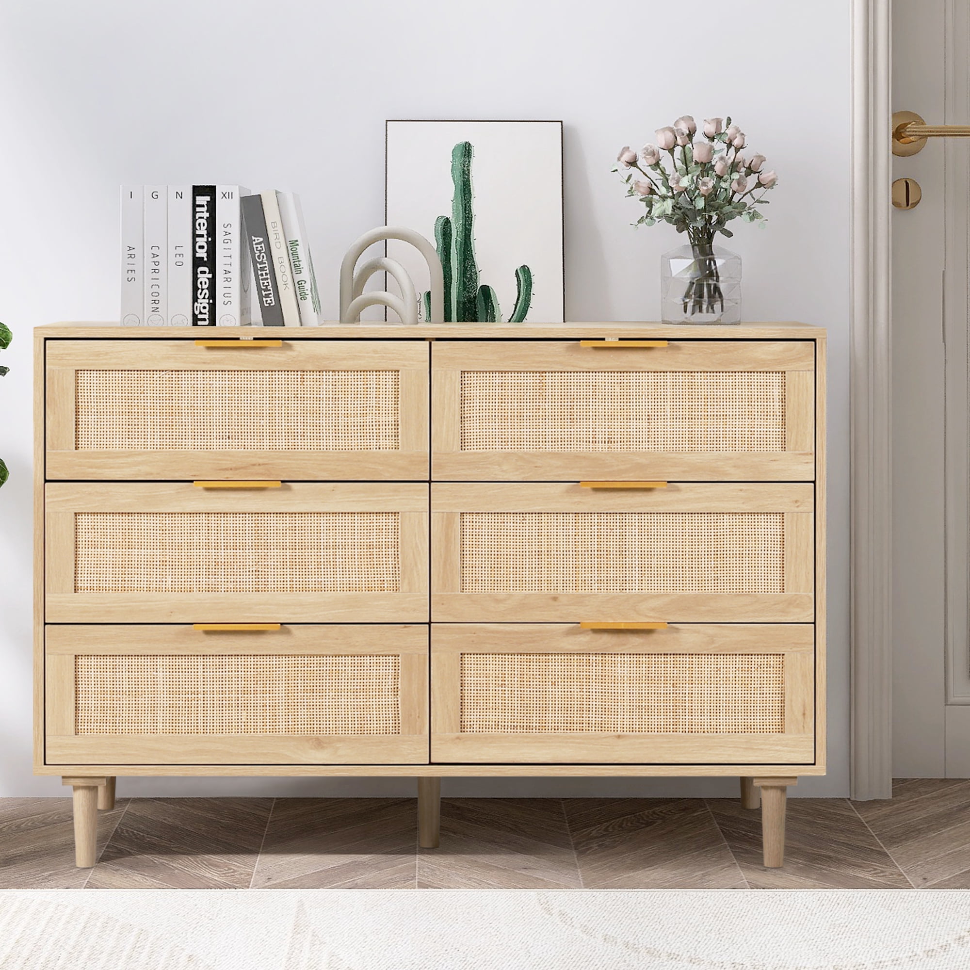 LAZZO 6 Drawer Dresser Rattan Wood Dresser Chest of Drawers Large ...