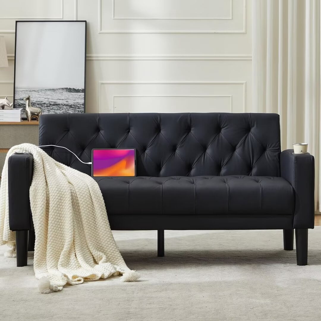 LAZZO 62" Loveseat Sofa Couch w/USB Charger Ports & Cupholders, Black ...