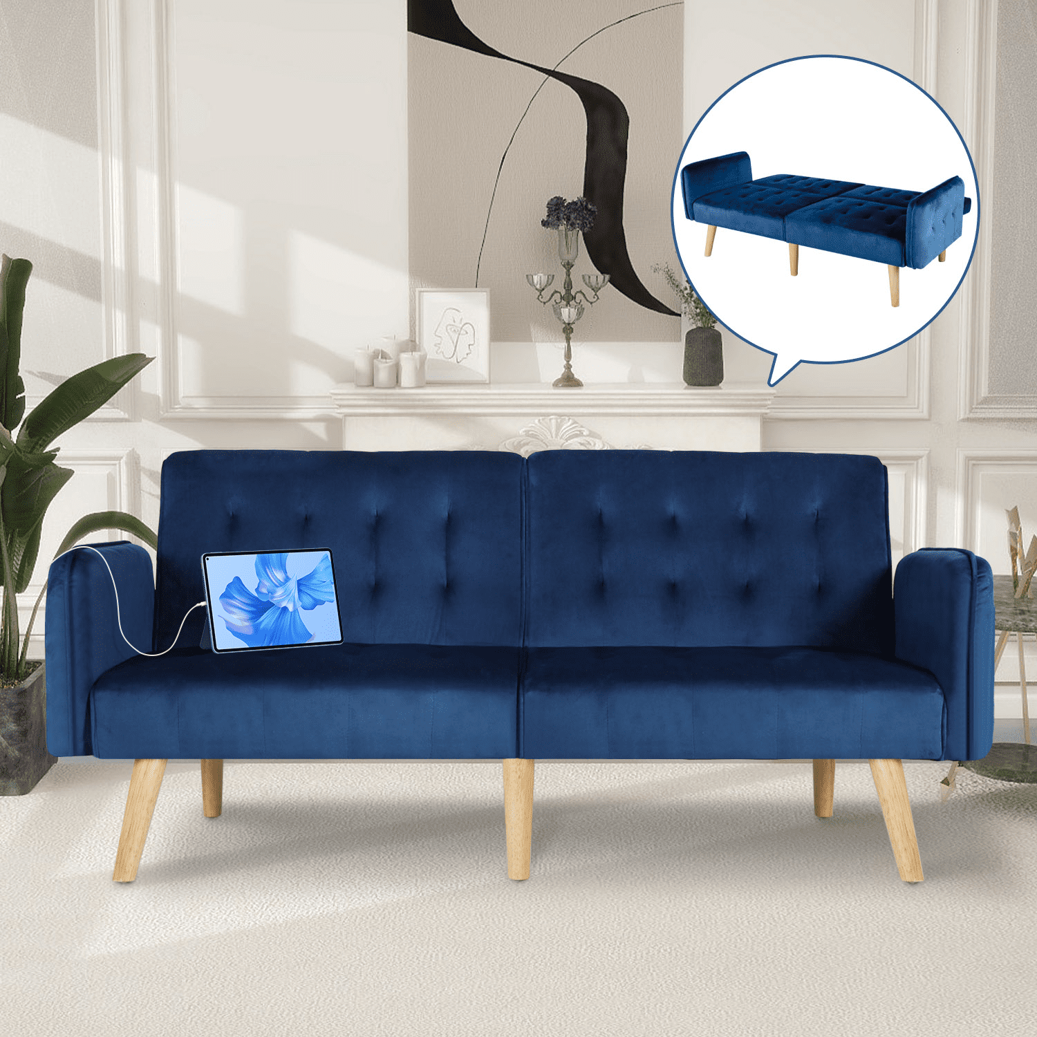 LAZZO 65"W Velvet Convertible Sleeper Sofa Bed w/ 2 USB Ports (Navy ...