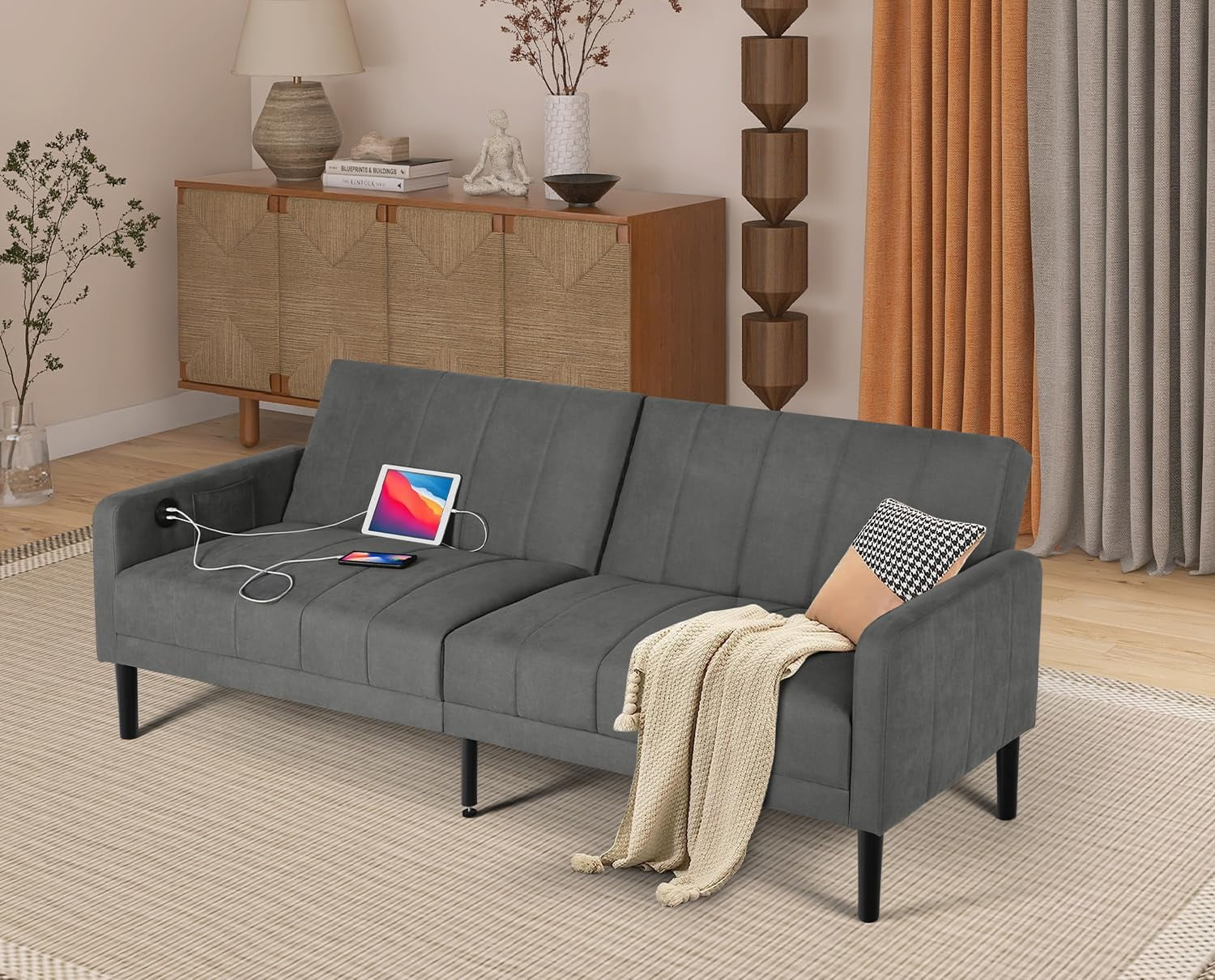 LAZZO 82" Sofas Bed Couch, Modern Upholstered Tufted Futon Sofa Bed w ...