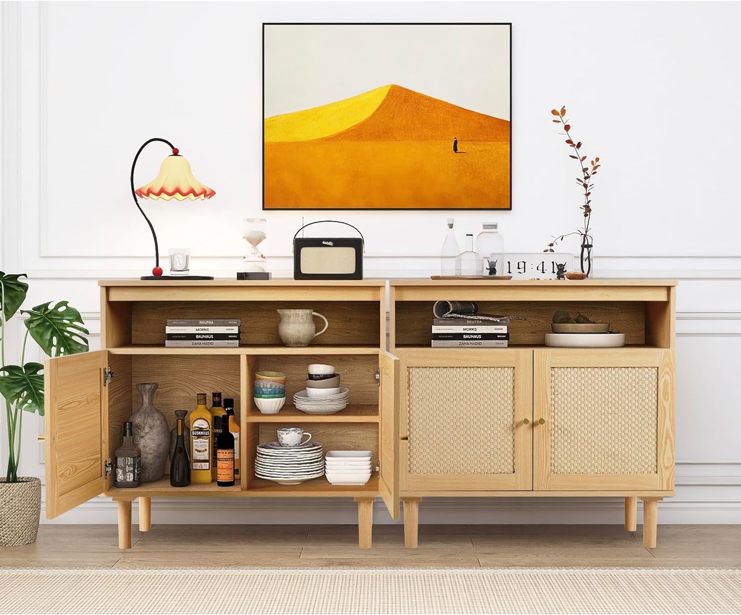 LAZZO Boho Farmhouse Buffet Cabinet with Rattan Doors and Adjustable ...