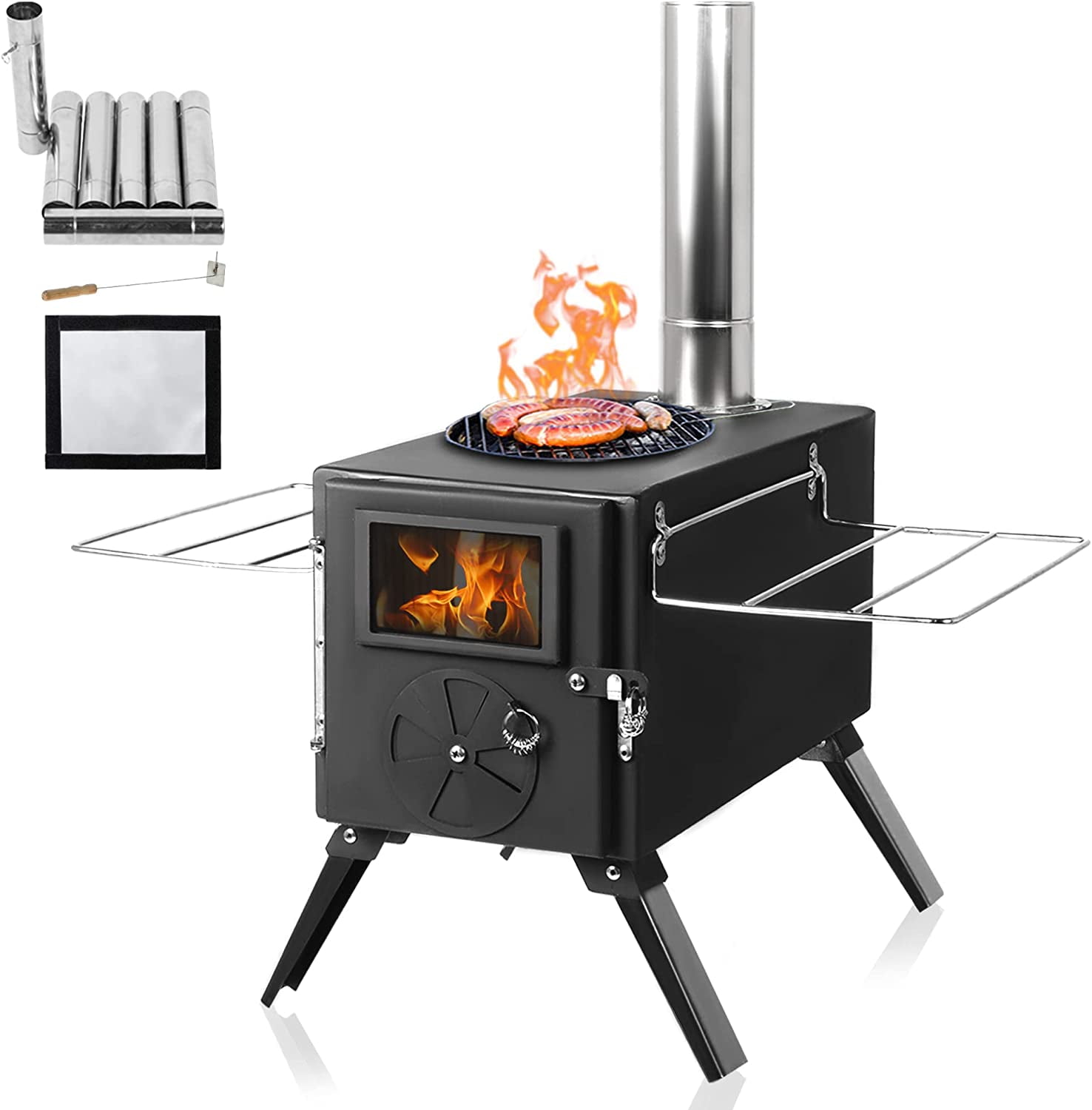 LAZZO Camping Tent Stove, Portable Wood Burning Stove with Pipes for ...