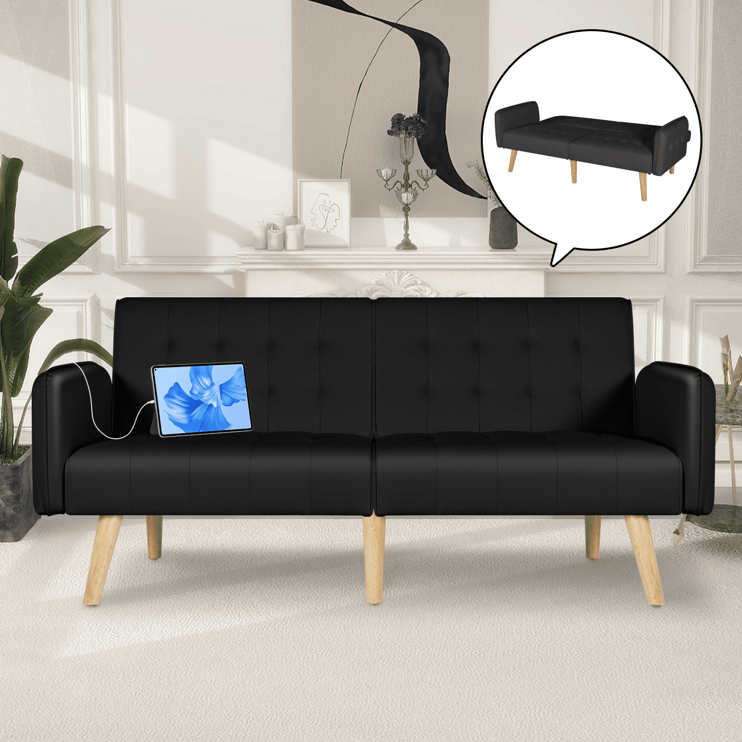 LAZZO Tufted Faux Leather Convertible 65'' Futon Sofa Bed for Small ...