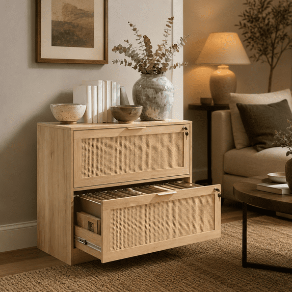 LAZZO File Cabinet with Lock, Lockable Storage Cabinet with Rattan ...