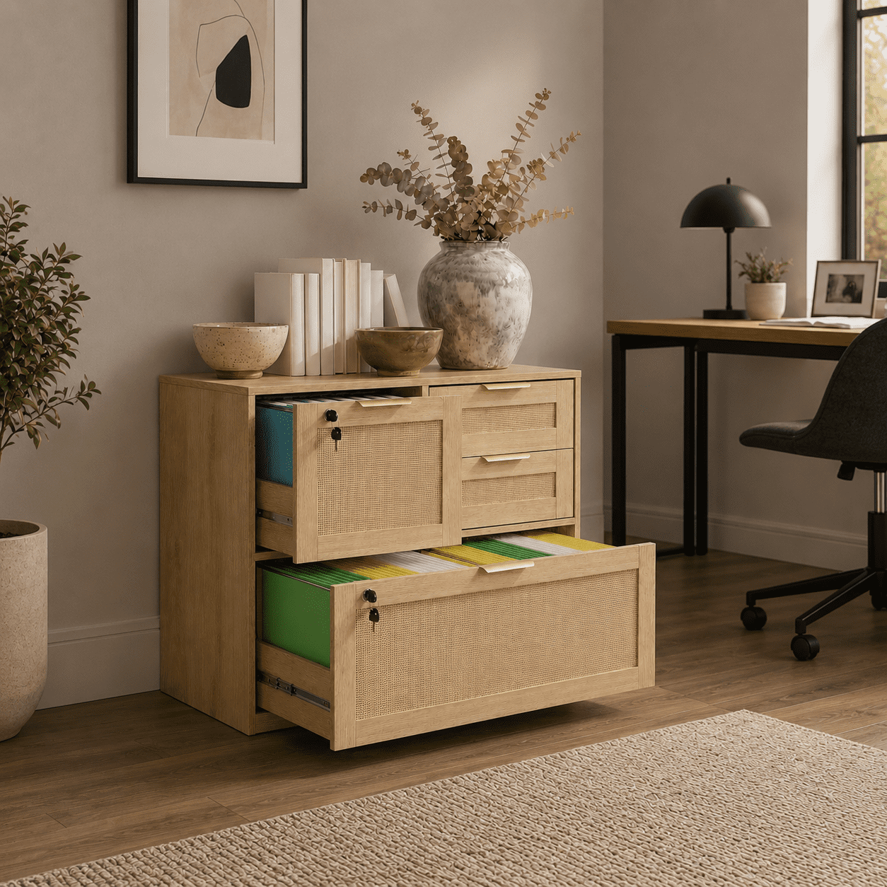 LAZZO File Cabinet with Lock, Lockable Storage Cabinet with Rattan ...