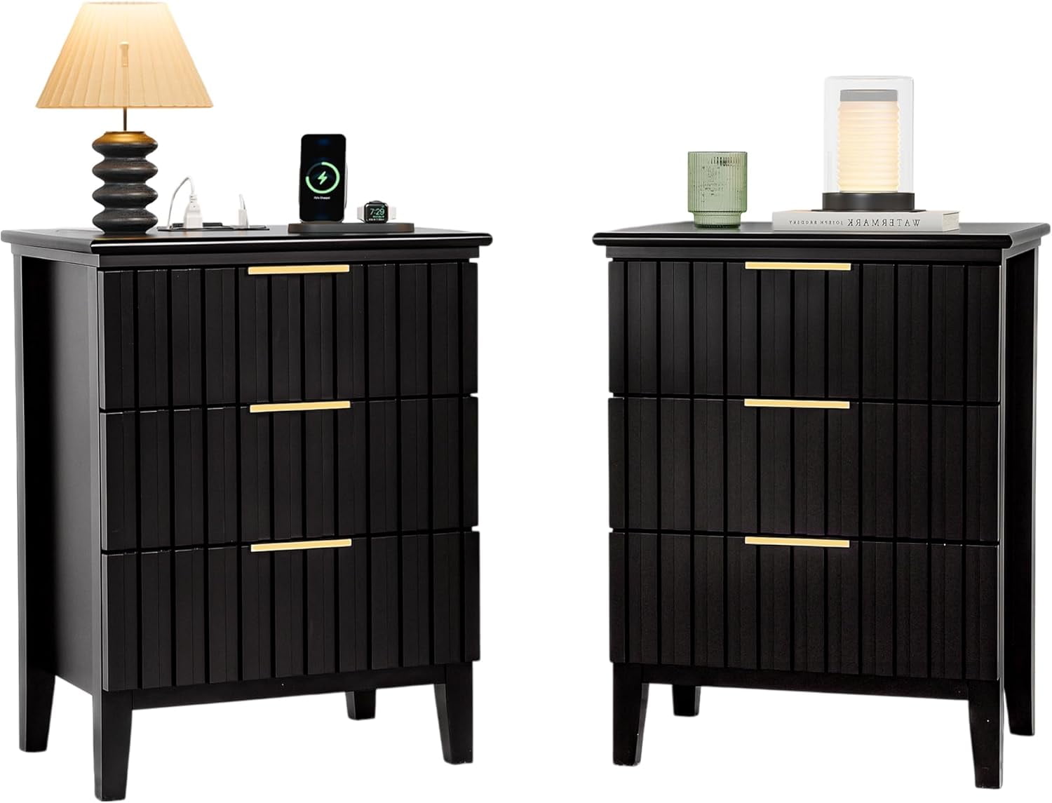 LAZZO Fluted Nightstand Bedside Tables Black Nightstand Set of 2 with 3 ...