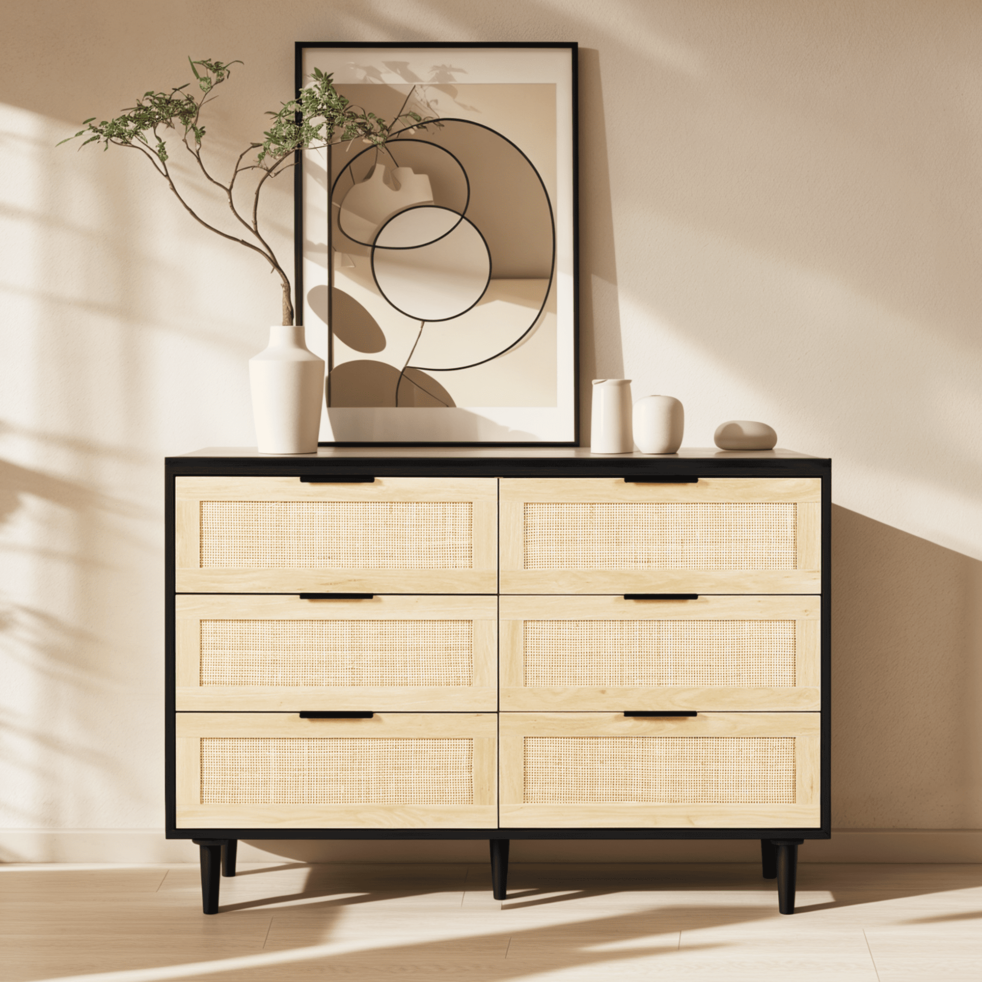 LAZZO Modern 6 Drawer Double Dresser with Gold Handles, Black - Walmart.com