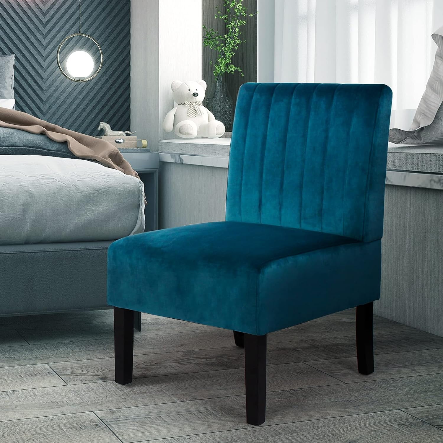 LAZZO Modern Velvet Accent Chair, Blue, Armless Decorative Slipper ...