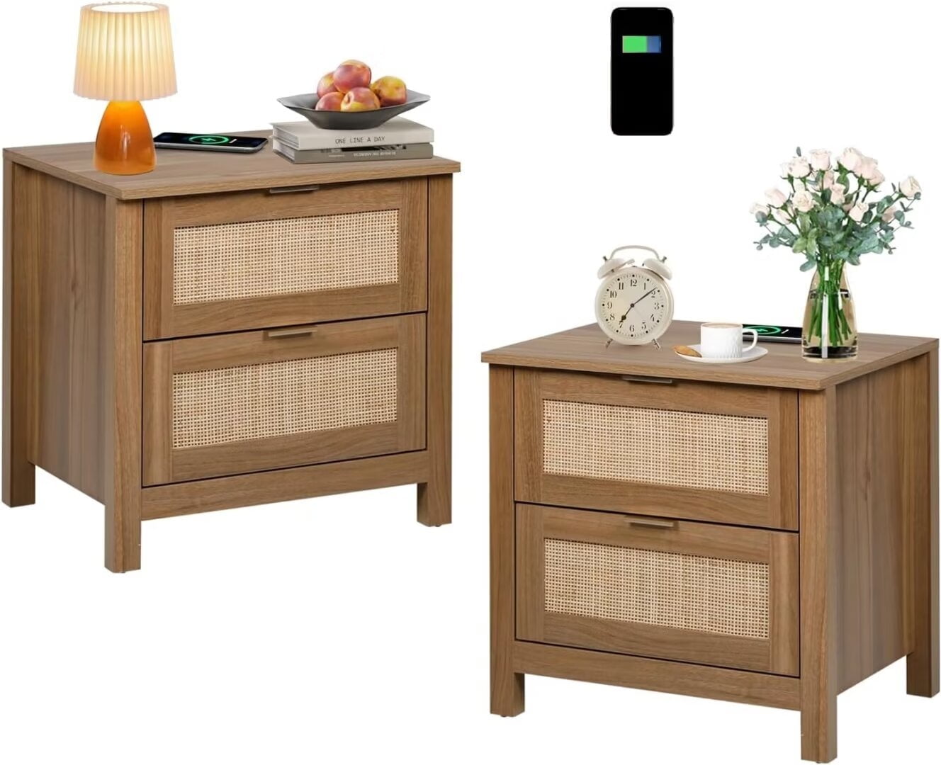 LAZZO Night Stand Set of 2 Rattan Nightstands with Wireless Charging ...