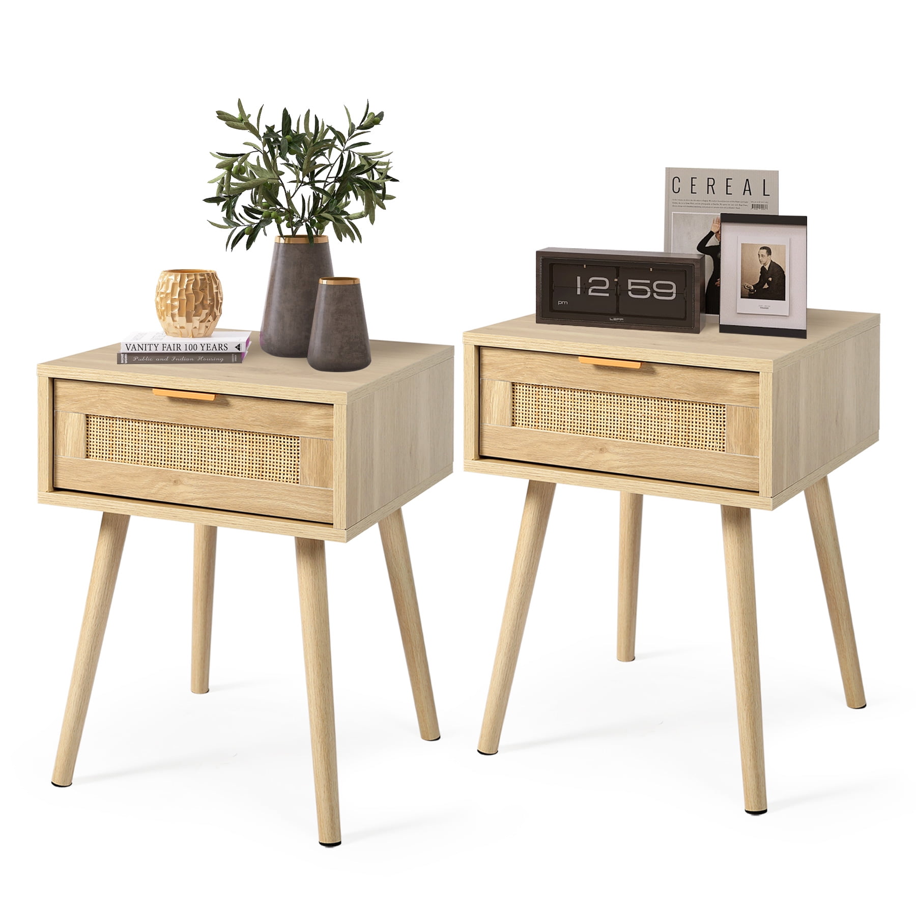 LAZZO Wooden Nightstands Set of 2 with Metal Handles and 2 Drawers ...