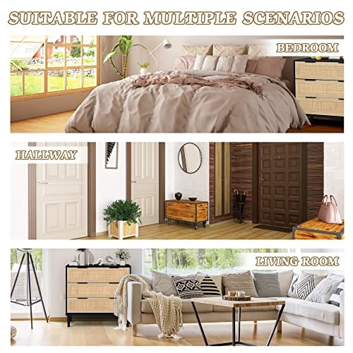 LAZZO Rattan 3 Drawer Wood Dresser Boho Large Storage Cabinet ...