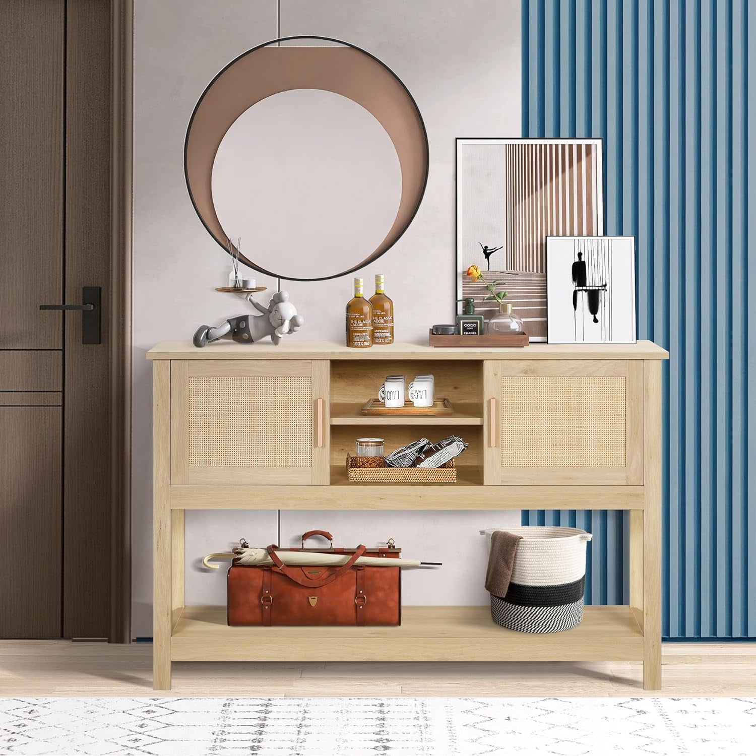 LAZZO 47" Rattan Console Table with Buffet Storage, Narrow Entryway ...