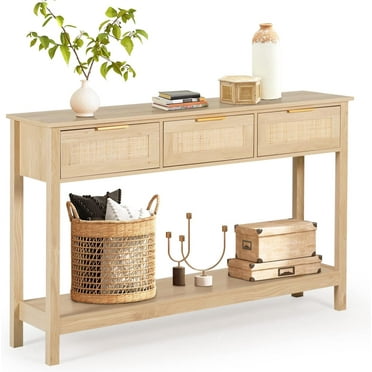 LAZZO Narrow Entryway Console Table with Storage, 3 Rattan Drawers ...
