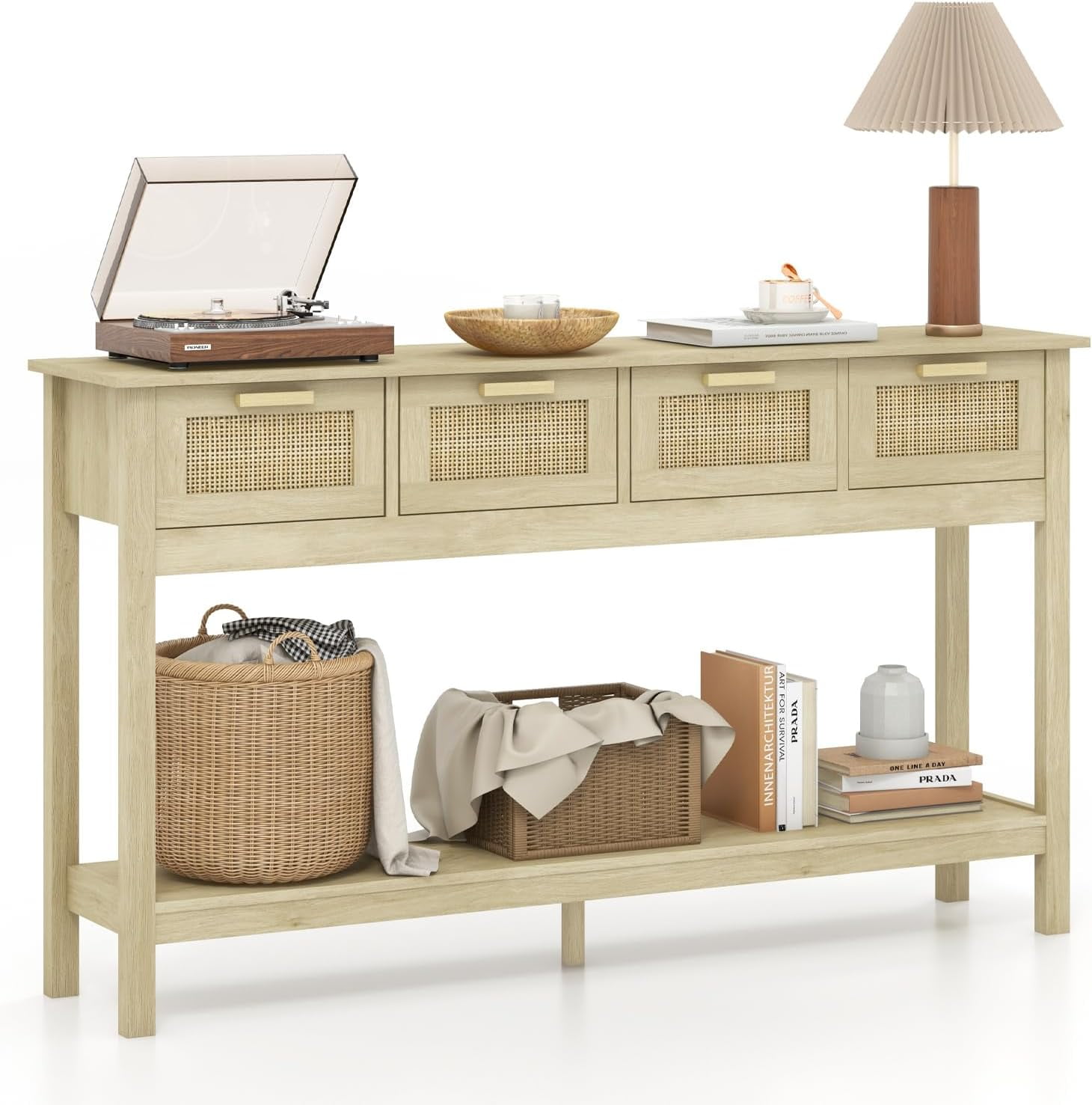 LAZZO Rattan Console Table Sofa Table 55" Narrow Long Entryway Table ...