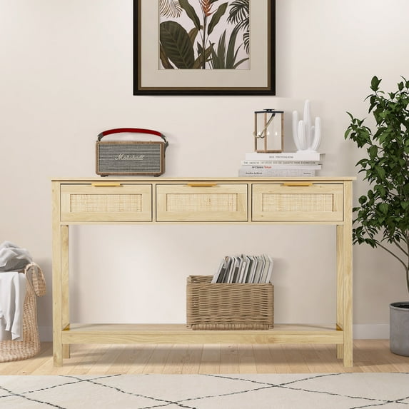 LAZZO Narrow Entryway Console Table with Storage, 3 Rattan Drawers ...