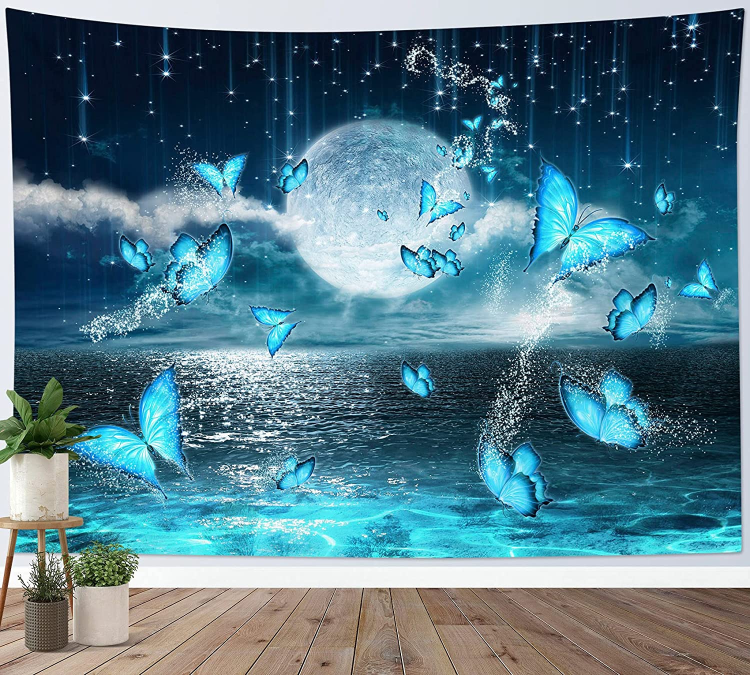 LB Small Full Moon over Ocean Tapestry Wall Hanging Psychedelic Teal ...