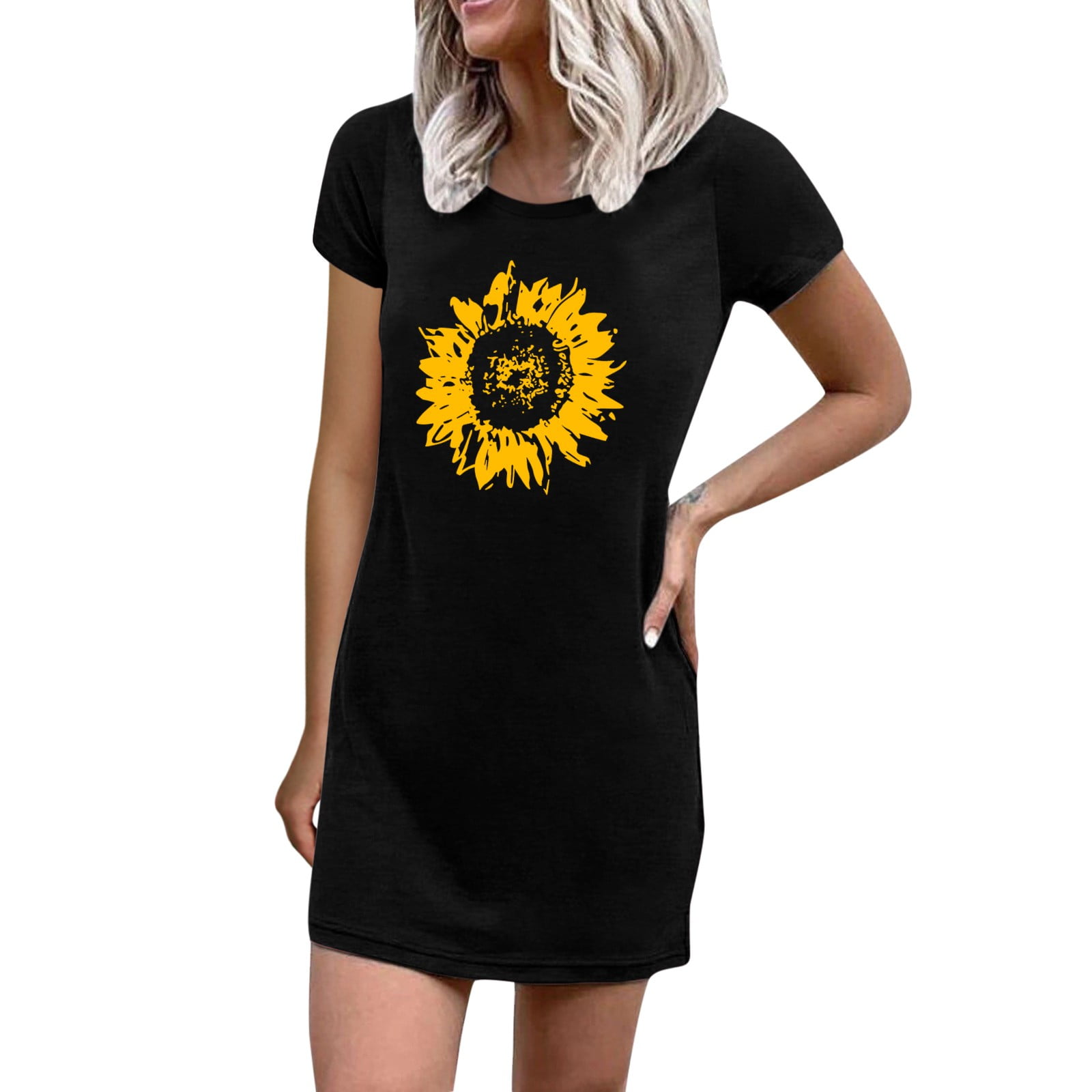 LBECLEY Casual Loose Dresses for Women Women's Crew Neck Creative Sunflower Flower Printed ...