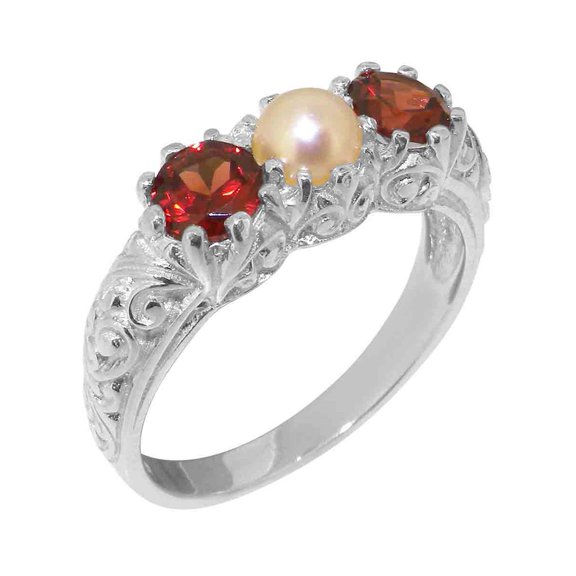 LBG 925 Sterling Silver Cultured Pearl and Garnet Womens Band Ring ...