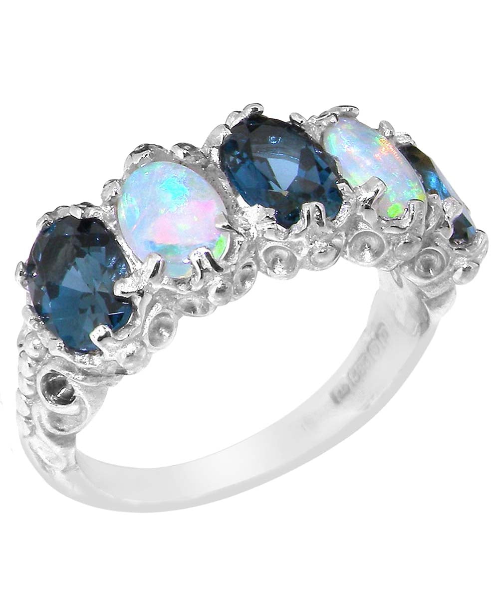 LBG British Made 925 Sterling Silver Natural London Blue Topaz & Opal Womens Eternity Ring - 33 ...