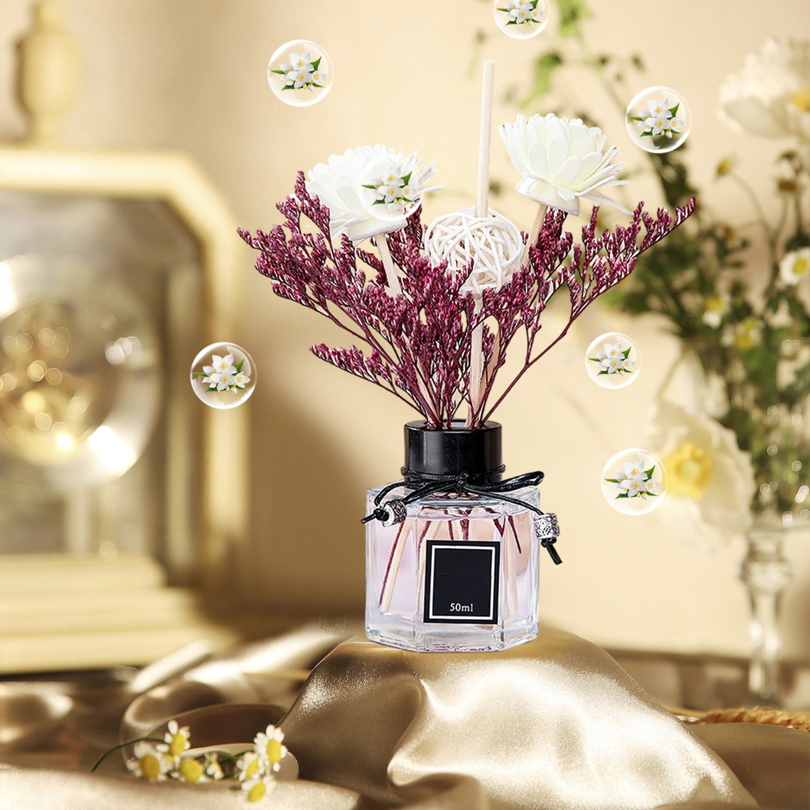 LBJTAKDP Flower Diffuser for Home Decor - 50ml Glass Oil Diffuser Long Lasting Bathroom ...