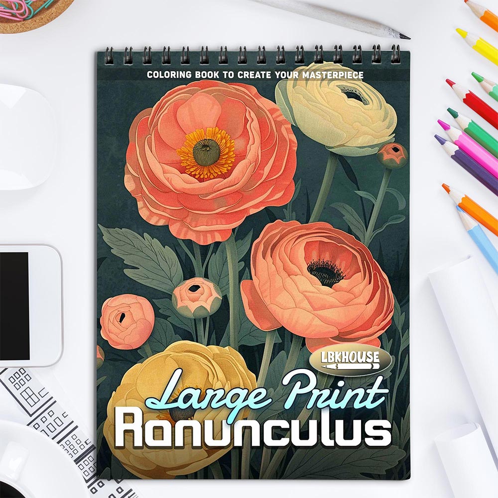 LBKHOUSE Large Print Ranunculus Coloring Book Spiral Bound for Adults ...