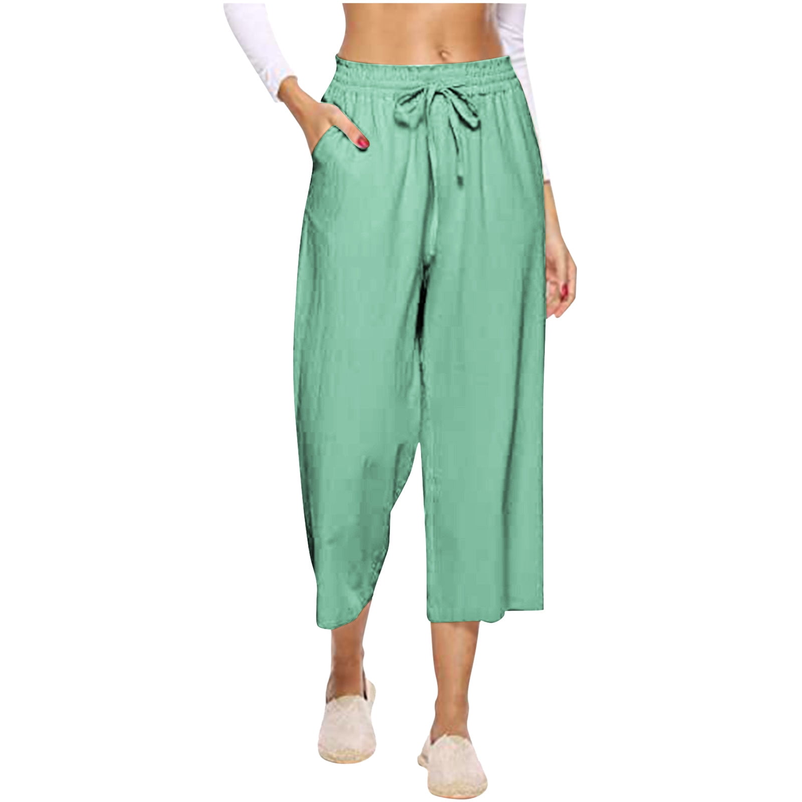 Lbskus Capri Linen Pants For Womens High Waisted Wide Leg Drawstring