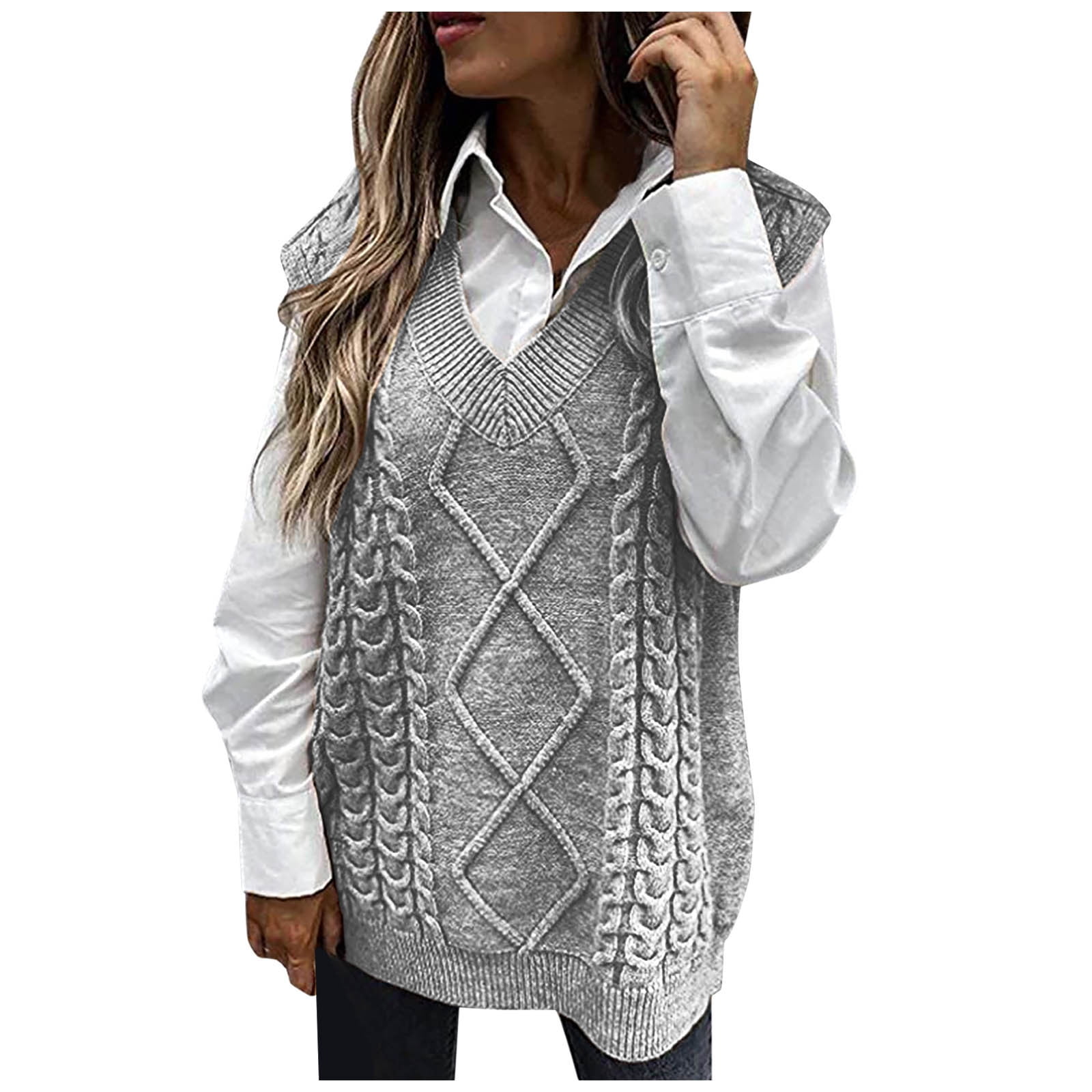 Lbloe Oversized Sweater Vest For Women V Neck Sleeveless Solid Color