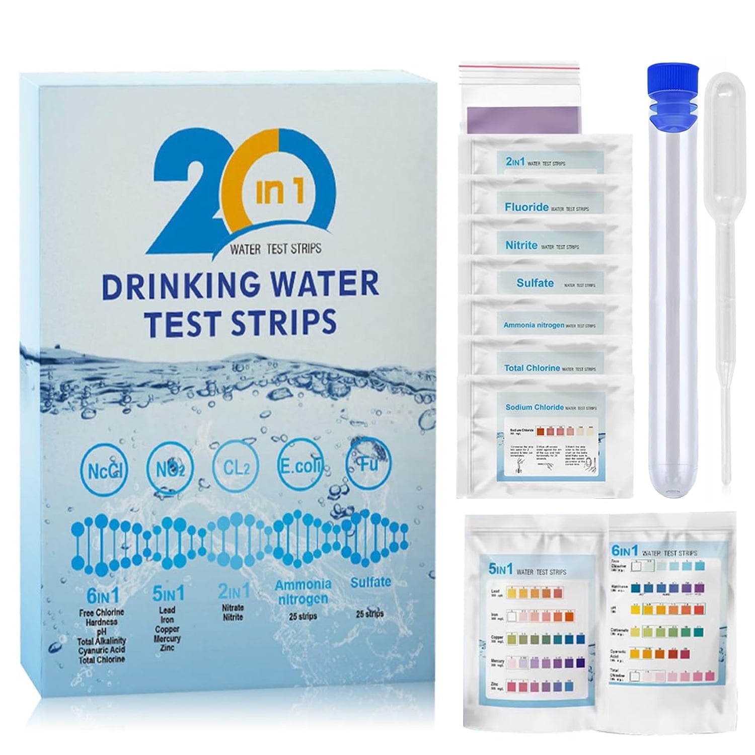 LC-dolida 20 in 1 Water Test Kit - 133 Strips + 2 Bacteria Tests - Home ...