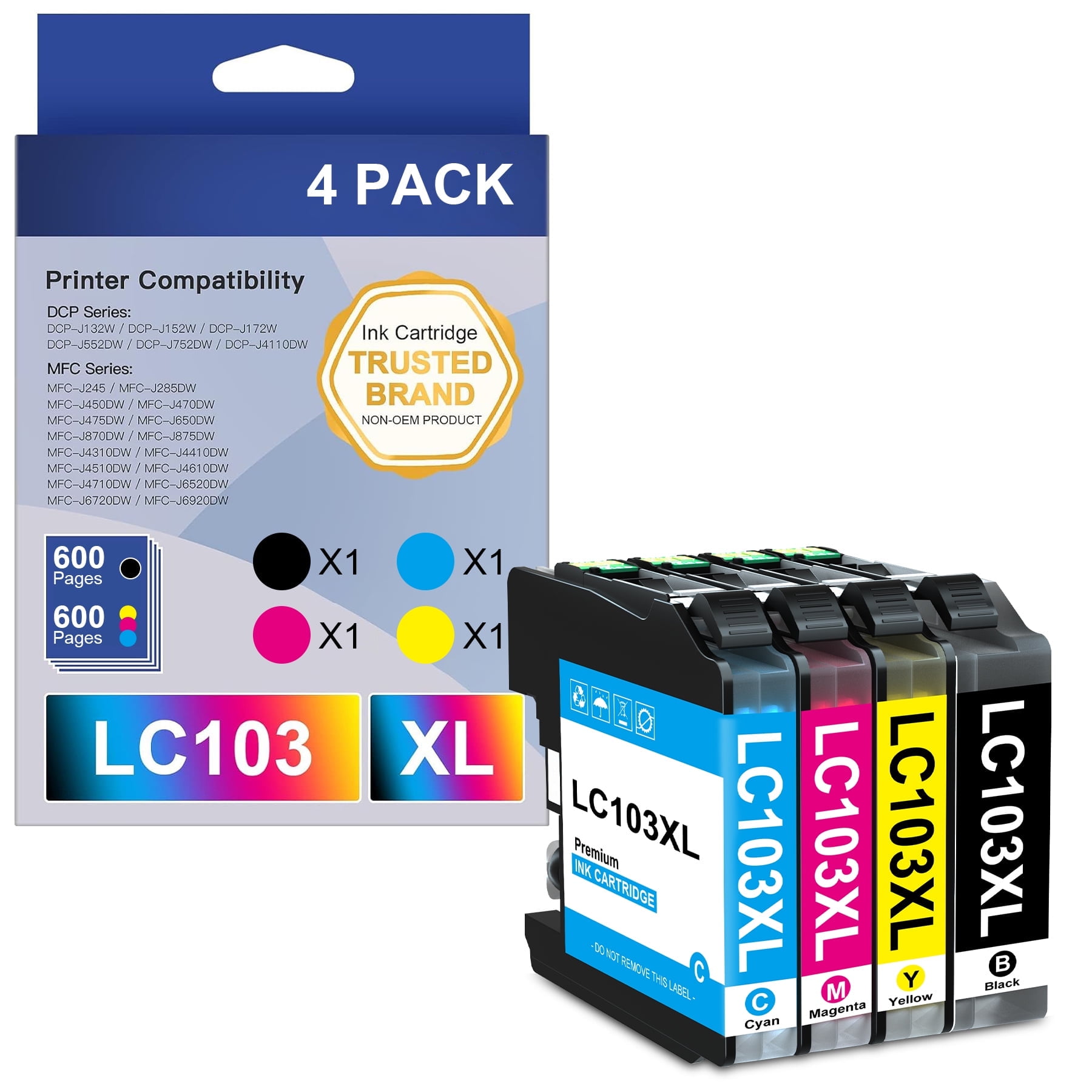 Brother LC103XL LC101 Ink Cartridges, 4 XL Pack (1 Black, 1 Cyan, 1 ...