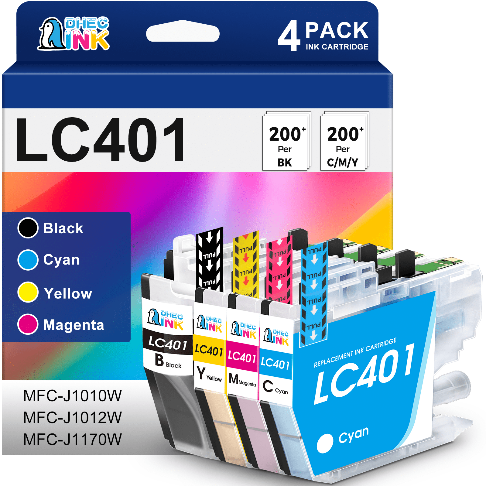 DHECINK Ink Cartridges for Brother LC401 LC401XL 4 Pack Black Cyan ...