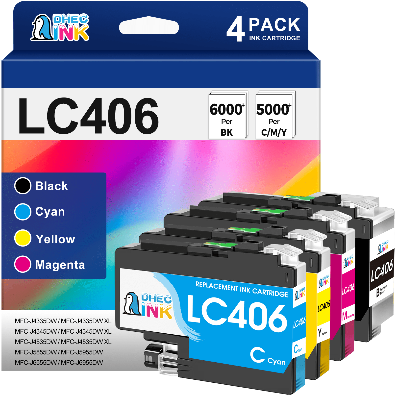 DHECINK LC406 Ink Cartridge 4-Pack, Black Cyan Magenta Yellow ...